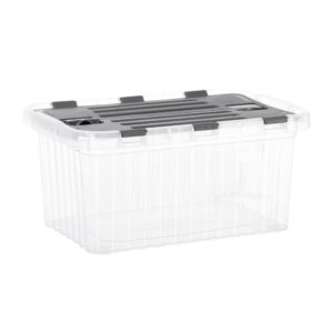 superio storage box with hinged lids, plastic container bins for organizing with attached lid, stackable crates, bpa free, organizers for home, office, dorm (clear with grey lids, 15"x10"x7")