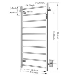 P&Bhusri Heated Towel Rack for Bathroom,Wall Mounted Electric Towel Rack with Timer and LED Indicator, 10-Bar Towel Warmer, Stainless Steel Brushed, Hard-Wired/Plug-in