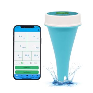 bluetooth swimming pool water tester 6-in-1 ec/salinity/ph/orp/temperature/chlorine meter, wireless floating smart pool monitor water tester for pools, hot tubs, & swim spas