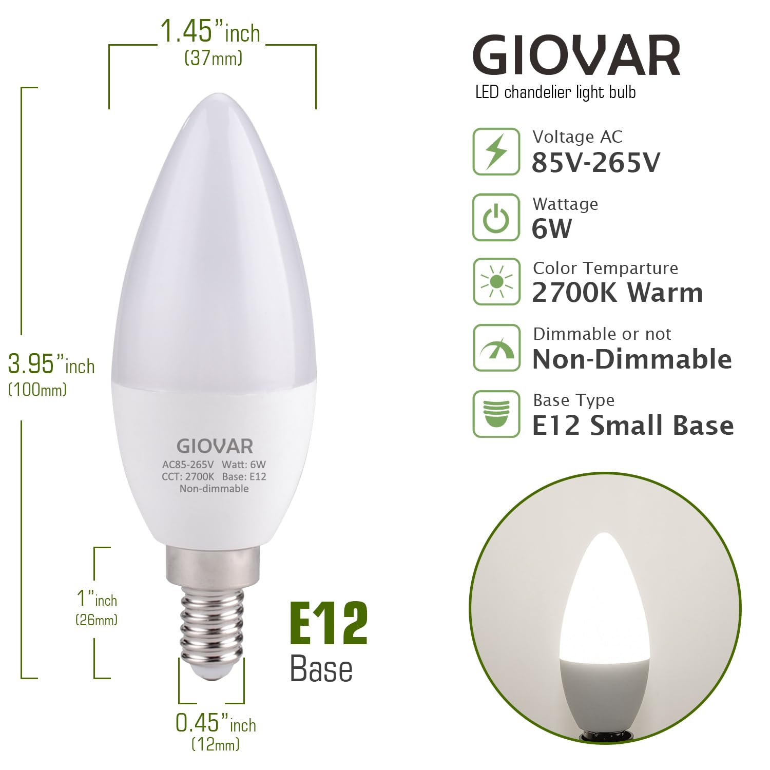 GIOVAR 4Pack LED Celing Fan Light Bulbs 60 Watt, Daylight 5000K, E12 Candelabra Bulb Base Socket, 120V, Type B, Non-Dimmable