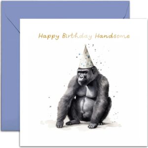 old english co. happy birthday handsome card for him - funyn gorilla party hat birthday card for dad, son, grandad, nephew, brother - gold foil birthday card for men | blank inside with envelope