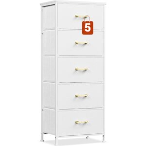 gipgiper white tall dresser for bedroom with 5 drawers for closet, chest of drawers with metal handle, leather front, wood top, dresser for closet, living room, nursery, white