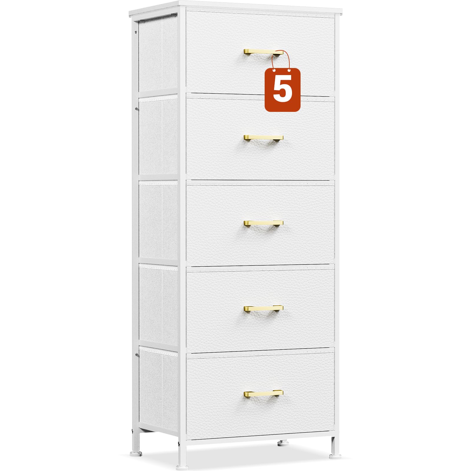 GipGiper White Tall Dresser for Bedroom with 5 Drawers for Closet, Chest of Drawers with Metal Handle, Leather Front, Wood Top, Dresser for Closet, Living Room, Nursery, White