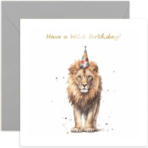 old english co. lion wild birthday card for her - fun lionl party hat birthday card for mum, dad, daughter, son - gold foil birthday card for women and men | blank inside with envelope