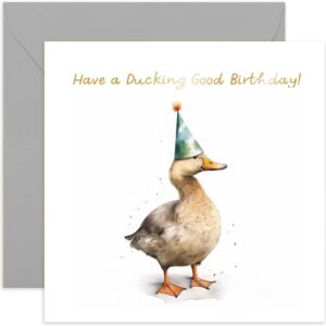 old english co. ducking good birthday card for her him - funny duck party hat birthday card for mum, dad, daughter, son - gold foil birthday card for women and men | blank inside with envelope