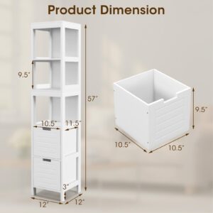 LOKO Tall Bathroom Storage Cabinet, Wooden Slim Bathroom Cabinet with Anti-toppling Device, Tall Narrow Storage Cabinet with 2 Removable Drawers, White