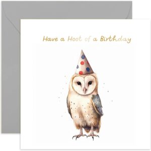 old english co. have a hoot birthday card for her - barn owl party hat birthday card for mum, dad, daughter, son - gold foil birthday card for women and men | blank inside with envelope