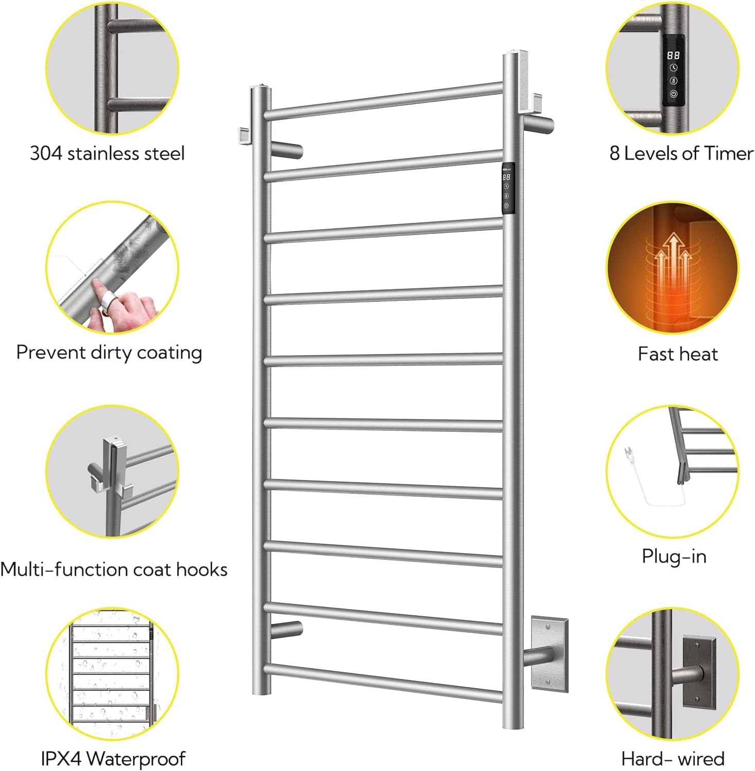 P&Bhusri Heated Towel Rack for Bathroom,Wall Mounted Electric Towel Rack with Timer and LED Indicator, 10-Bar Towel Warmer, Stainless Steel Brushed, Hard-Wired/Plug-in