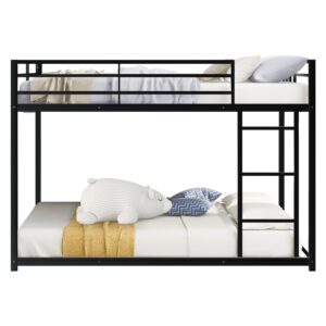 INCLAKE Full Over Full Bunk Bed, Heavy Duty Metal Bunk Bed Frame with Built-in Ladder and Safety Guard Rail, Low Bunk Bed for Teens Adults, Noisy Free & No Box Spring Needed, Black