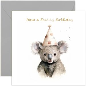 old english co. koality birthday card for her - cute koala bear party hat birthday card for mum, dad, daughter, son - gold foil birthday card for women and men | blank inside with envelope