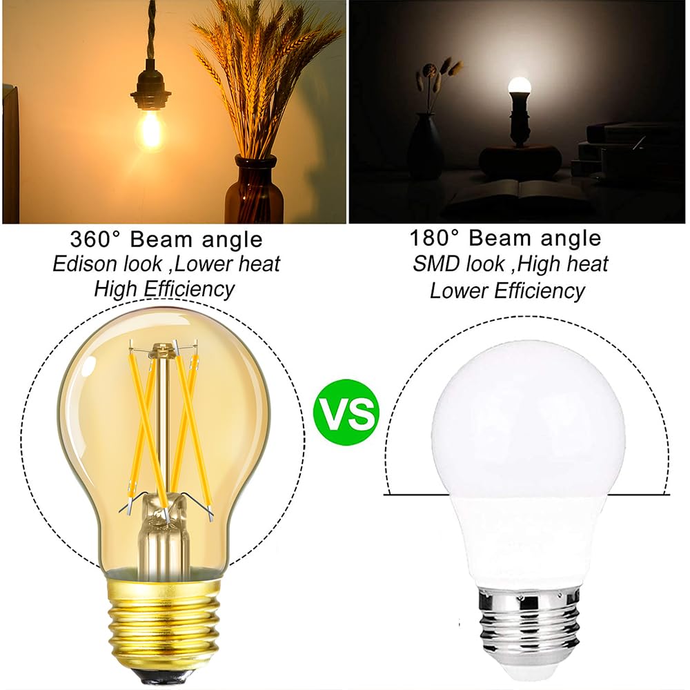 LEOOLS Dimmable E26 Amber led Bulb 6W Equal 60 watt Vintage LED Edison Bulb AC120V 2700K A15 LED Bulb for Ceiling Fan Light Bulbs,Refrigerator Light Bulb 600LM 6Pack