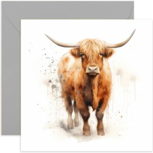 old english co. watercolour highland cattle cow greeting card for birthday - cute birthday card for mum, nan, her - wildlife art card for thinking of you, thank you | blank inside envelope