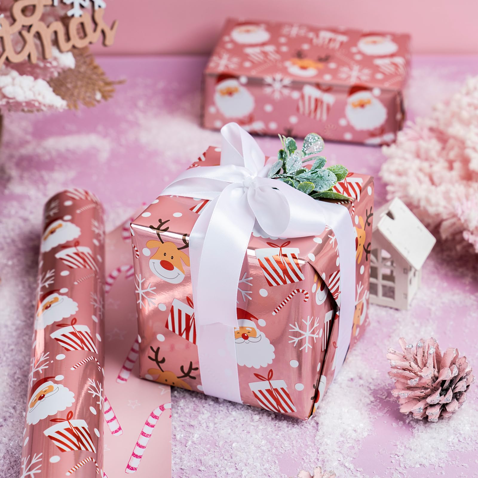 LeZakaa Reversible Christmas Wrapping Paper Roll - Metallic Foil with Santa Claus & Candy Cane in Pink - 17 inches x 32.8 Feet (46.45 sq.ft.)