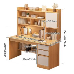 Modern Desk with Storage Drawers,Wood Computer Desk with Shelves,Sturdy Writing Desk Table with Bookshelf, Home Office Desk with Drawers for Study/Workstation(120x45x164cm(47x18x64in), B)