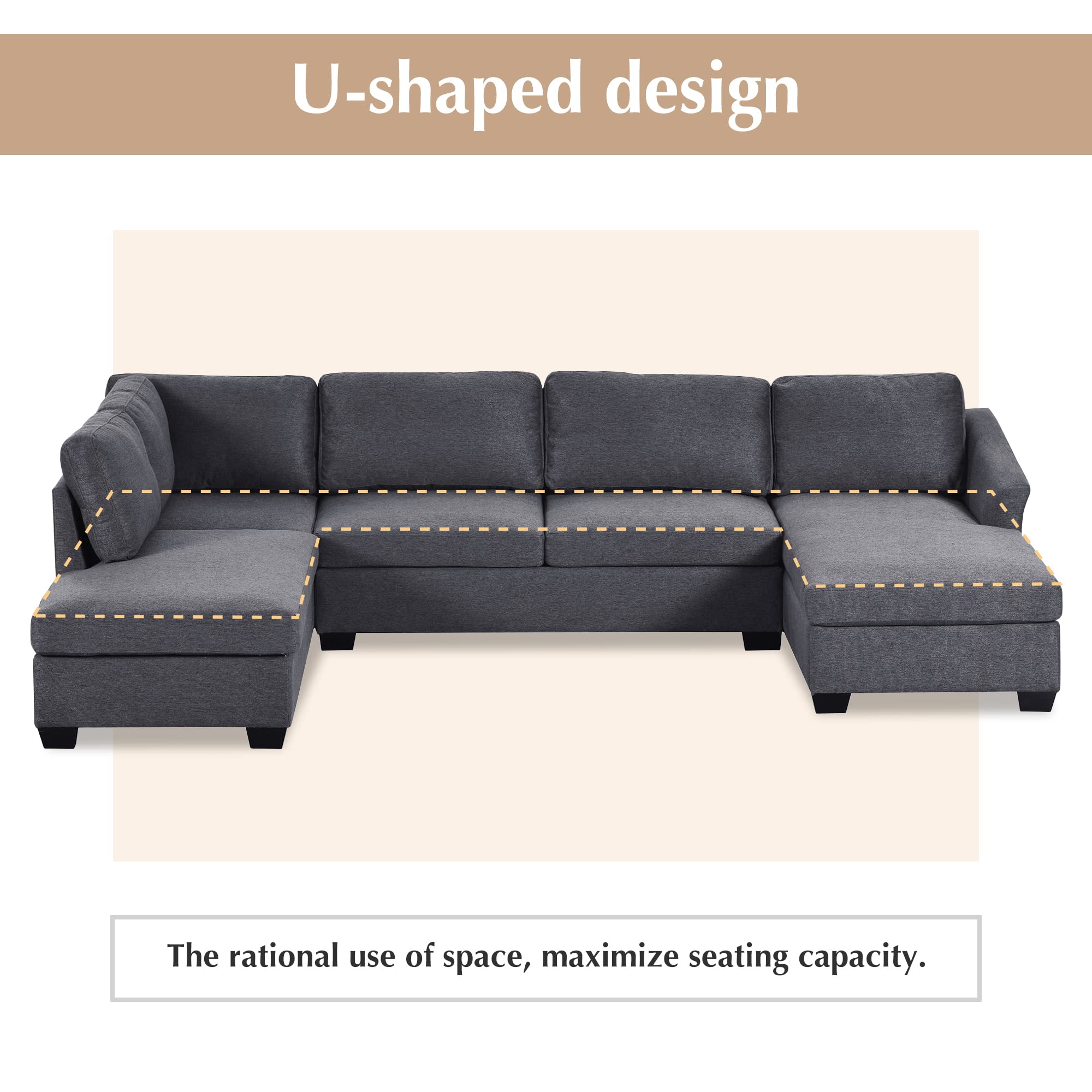 Modern Large U-Shape Sectional Sofa, Double Extra Wide Chaise Lounge Couch