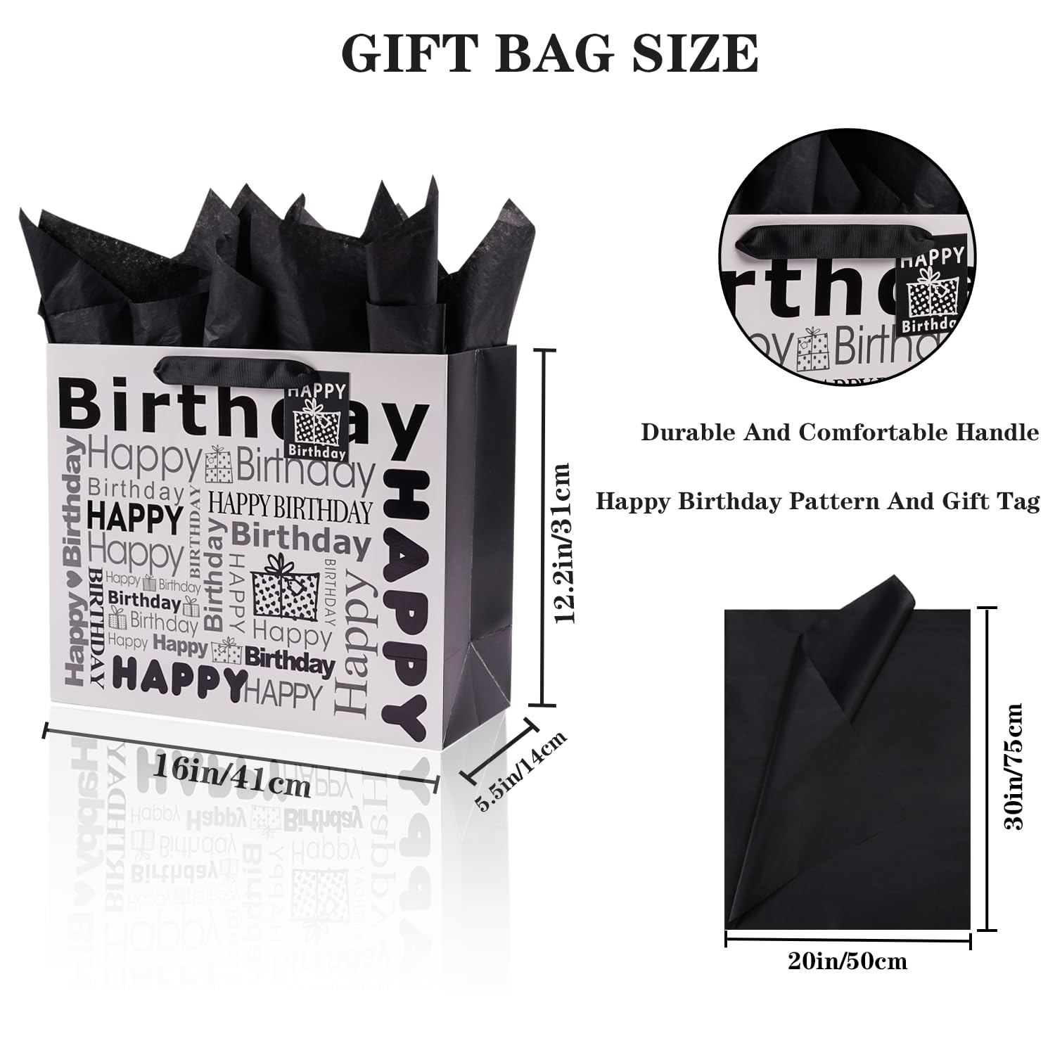 JWSCYSY White and Black 16" Extra Large Gift Bag with Tissue Paper and Card, Happy Bithday Gift Bag for Men Women Birthday - 16" x 12.2" x 5.5", 1 Pcs