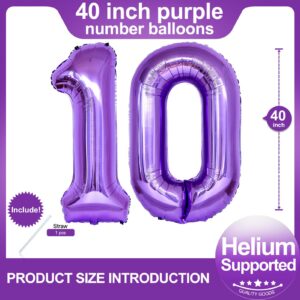 Number 10 Purple Balloons 40 Inch Giant Purple 10 Number Foil Helium Balloons for 10th Purple Birthday Party Supplies 10th Anniversary Events Decorations