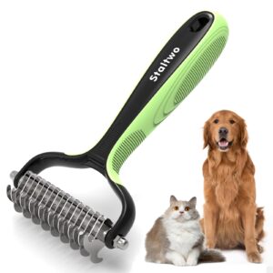 staltwo pet grooming supplies - 2-in-1 professional undercoat rake and pet brush | shedding control for long haired dogs and cats, deshedding tool, furminator for dogs, green