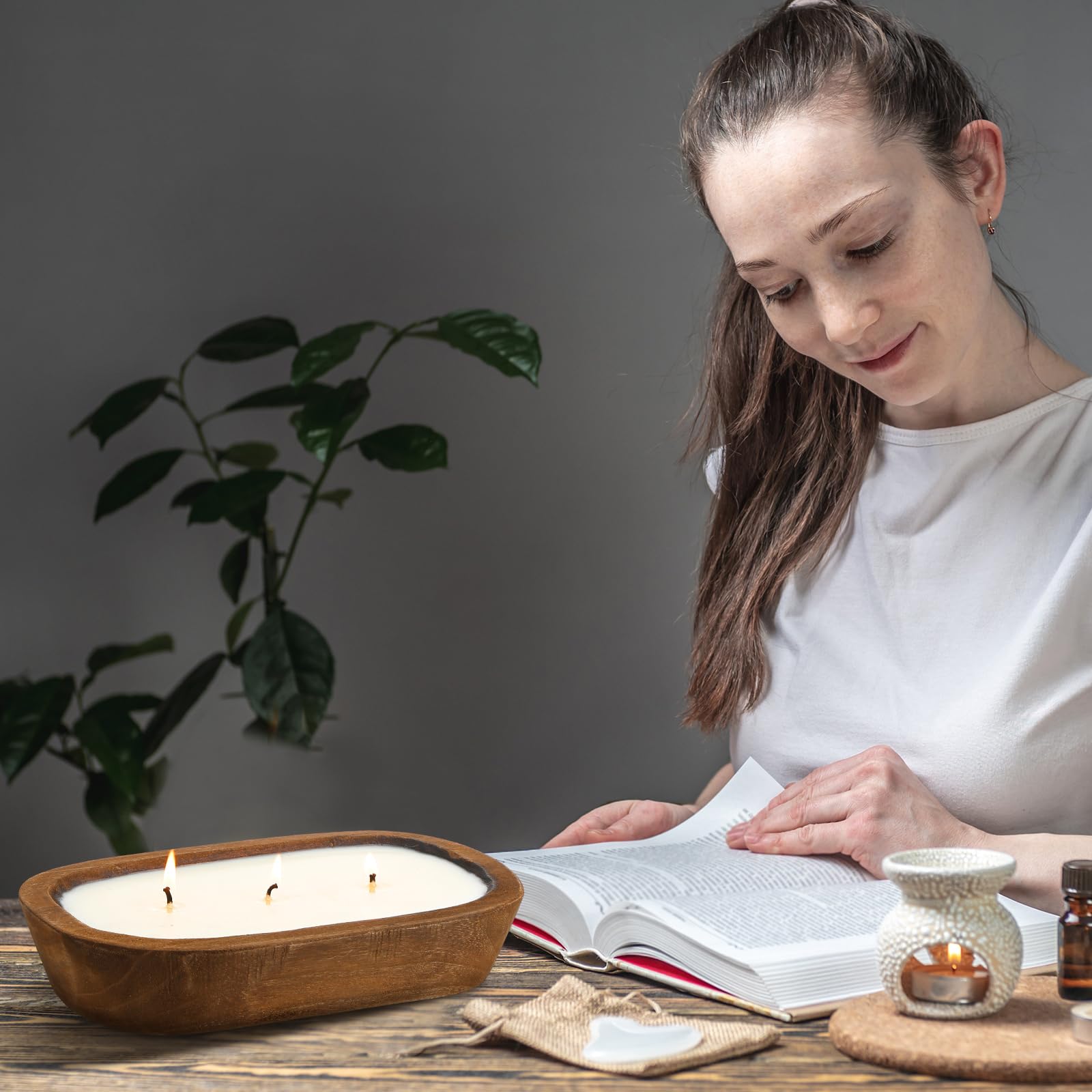 MTLEE 4 Pieces Wooden Dough Bowl Candles 10 Inch Farmhouse Dough Bowl Candles Wooden Candle Bowl Soy Wax Bread Bowl Candles for Table Centerpiece Decoration 4 Fragrances, 3 Wicks Each