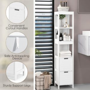 LOKO Tall Bathroom Storage Cabinet, Wooden Slim Bathroom Cabinet with Anti-toppling Device, Tall Narrow Storage Cabinet with 2 Removable Drawers, White