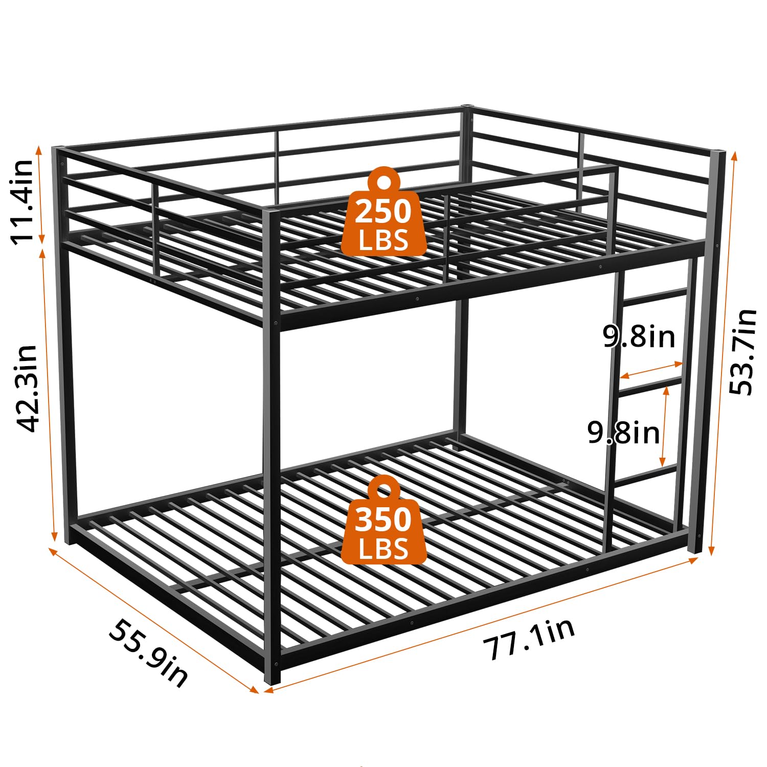 INCLAKE Full Over Full Bunk Bed, Heavy Duty Metal Bunk Bed Frame with Built-in Ladder and Safety Guard Rail, Low Bunk Bed for Teens Adults, Noisy Free & No Box Spring Needed, Black