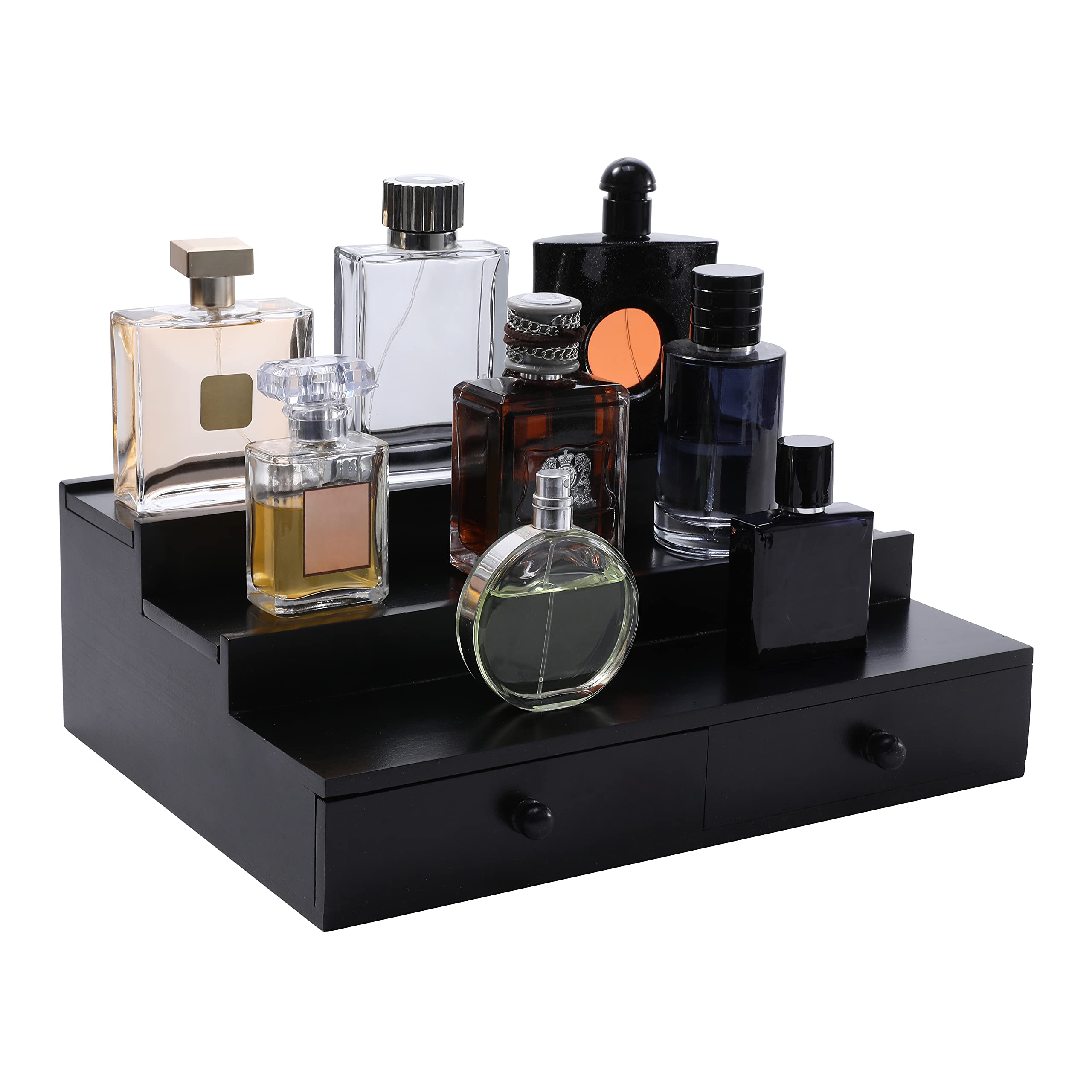 Boulphia Cologne Organizer for Men, 3-Tier Cologne Stand with Drawer and Hidden Compartment, Wooden Cologne Shelf for Perfume Display Holder, Great Gift for Men, Black