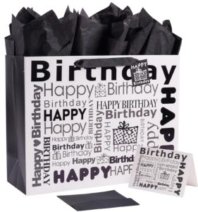 jwscysy white and black 16" extra large gift bag with tissue paper and card, happy bithday gift bag for men women birthday - 16" x 12.2" x 5.5", 1 pcs