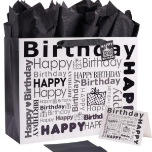 JWSCYSY White and Black 16" Extra Large Gift Bag with Tissue Paper and Card, Happy Bithday Gift Bag for Men Women Birthday - 16" x 12.2" x 5.5", 1 Pcs