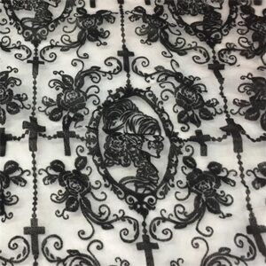 55 Inch Lace Fabric Soft Black Skull Lace Fabric Cross Tulle Fabric Floral Lace Fabric for DIY Dress Top Dress Sew,Party Overlay,Curtains,Tablecloth,Halloween Decor (Black (2 Yard))