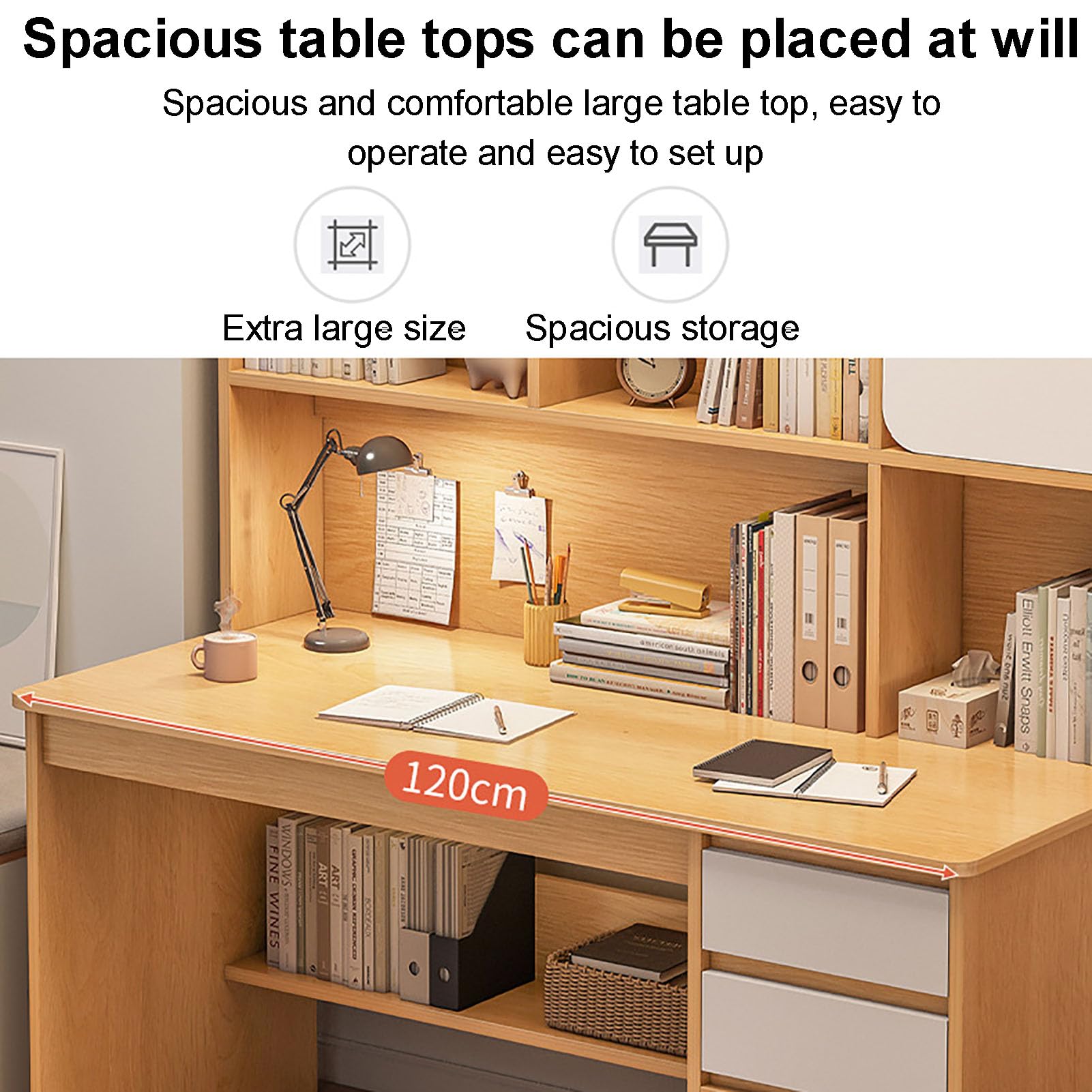 Modern Desk with Storage Drawers,Wood Computer Desk with Shelves,Sturdy Writing Desk Table with Bookshelf, Home Office Desk with Drawers for Study/Workstation(120x45x164cm(47x18x64in), B)