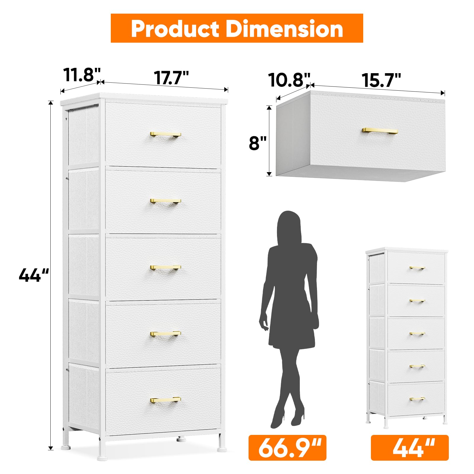 GipGiper White Tall Dresser for Bedroom with 5 Drawers for Closet, Chest of Drawers with Metal Handle, Leather Front, Wood Top, Dresser for Closet, Living Room, Nursery, White