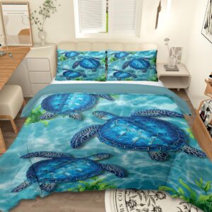 milanket sea turtle duvet cover set, 100% microfiber blue sea turtle and seaweed pattern bedding set king size, 3 piece ocean turtle themed duvet cover for teens boys and girls