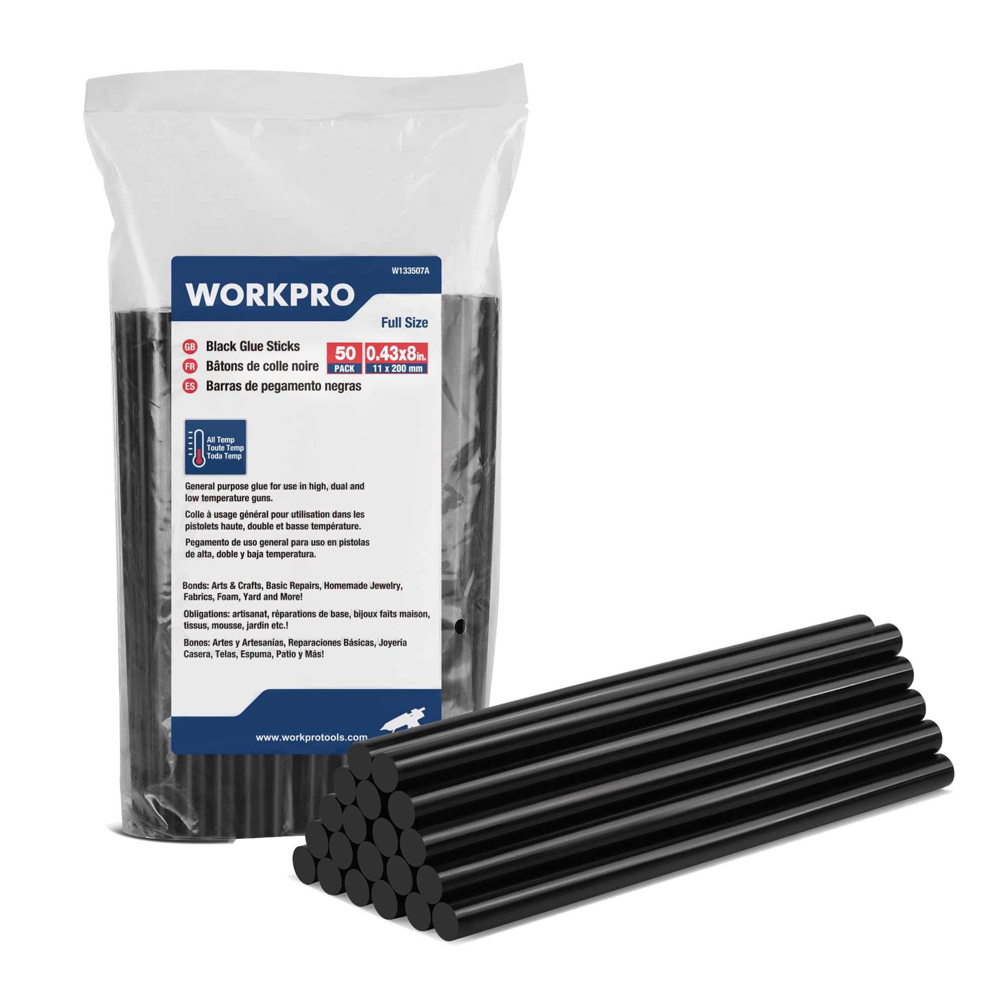 WORKPRO Hot Glue Sticks Full Size, 50-Pack Black Hot Melt Adhesive Glue Sticks for All-Temp Glue Guns, 0.43x8 Inches, Multipurpose for DIY Craft General Repairs, Home Decorations and Gluing Projects