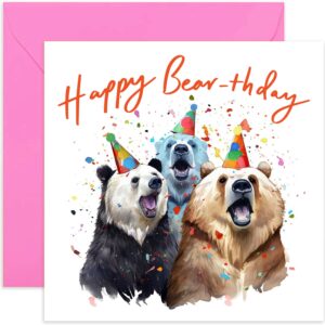 old english co. bear happy birthday card for him or her - colourful humorous bear pun birthday card for men and women - fun 'bear-thday' card for dad, brother, uncle | blank inside with envelope