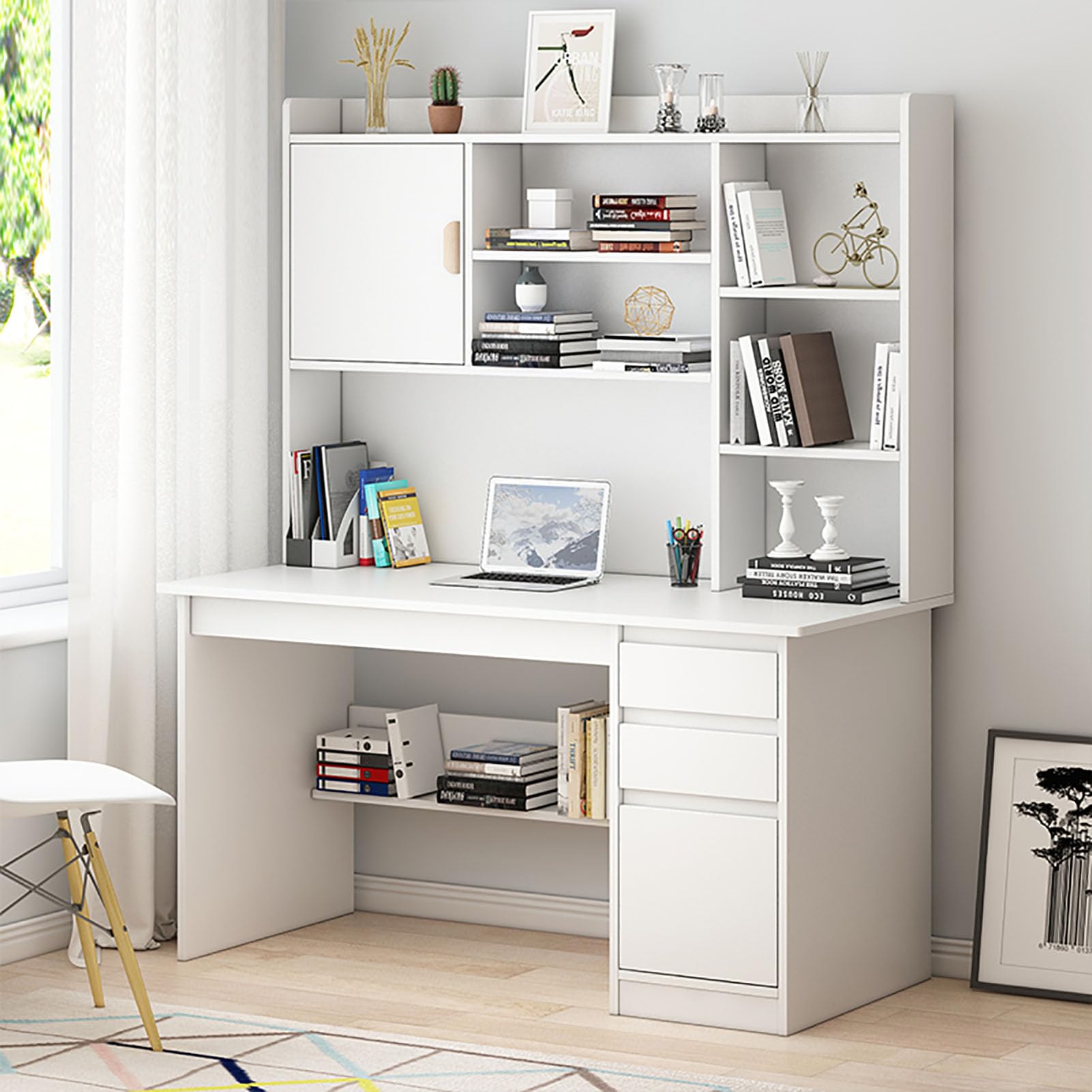 Modern Desk with Storage Drawers,Wood Computer Desk with Shelves,Sturdy Writing Desk Table with Bookshelf, Home Office Desk with Drawers for Study/Workstation(120x45x164cm(47x18x64in), B)