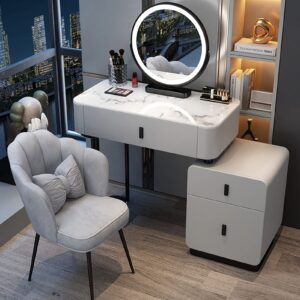 makeup vanity with stool, dressing table large capacity drawer, rock slab desktop vanity table 3-color adjustable touch light, modern vanity desk mirror 360° swivelling ( color : grey+black , size : 8