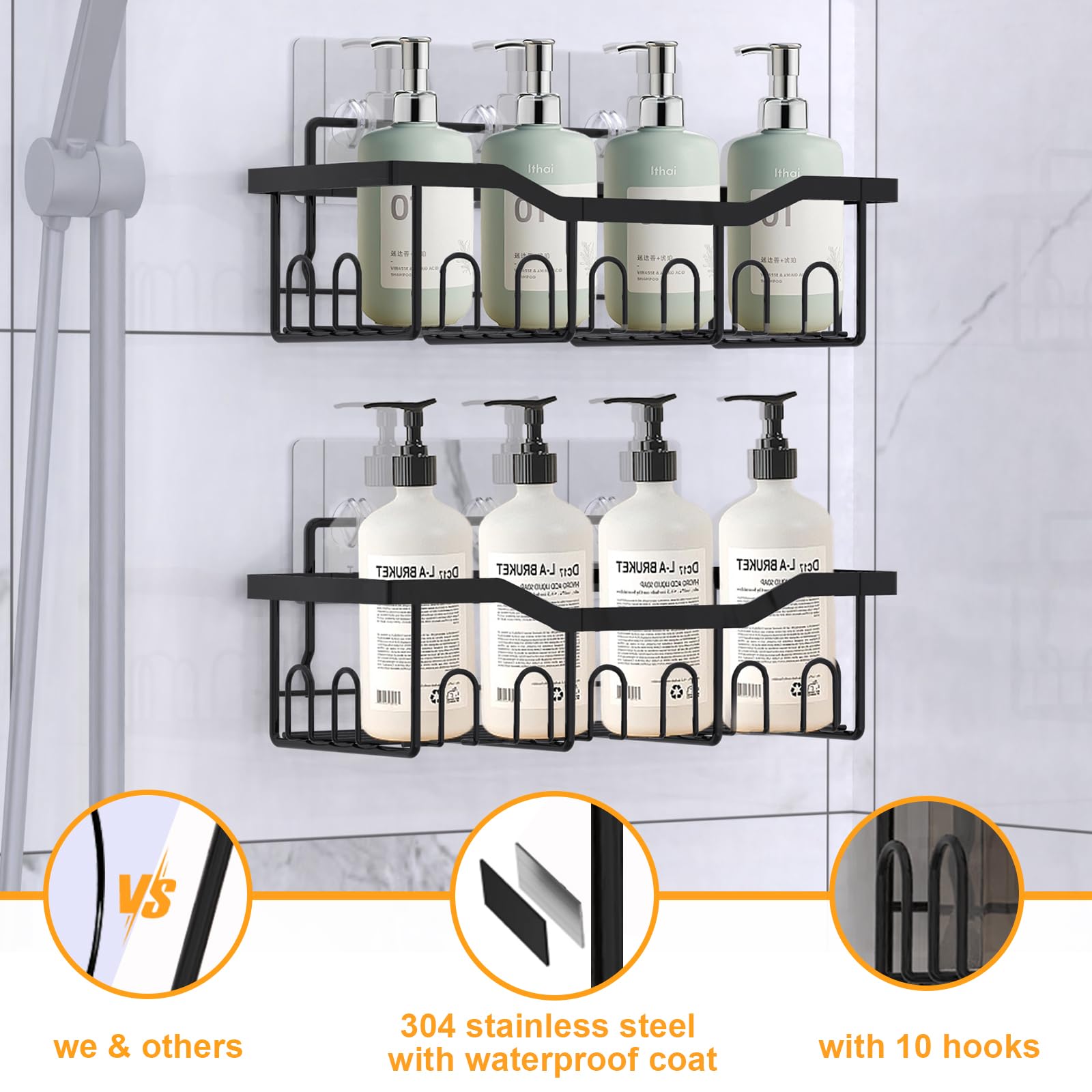 WITOP 7 Pack Shower Caddy, New Upgraded Strong Adhesive Caddies, Large Storage Rack with 10 Hooks,No Drilling,Large Capacity,Rustproof Stainless Steel Bathroom/Kitchen Organizer,Black