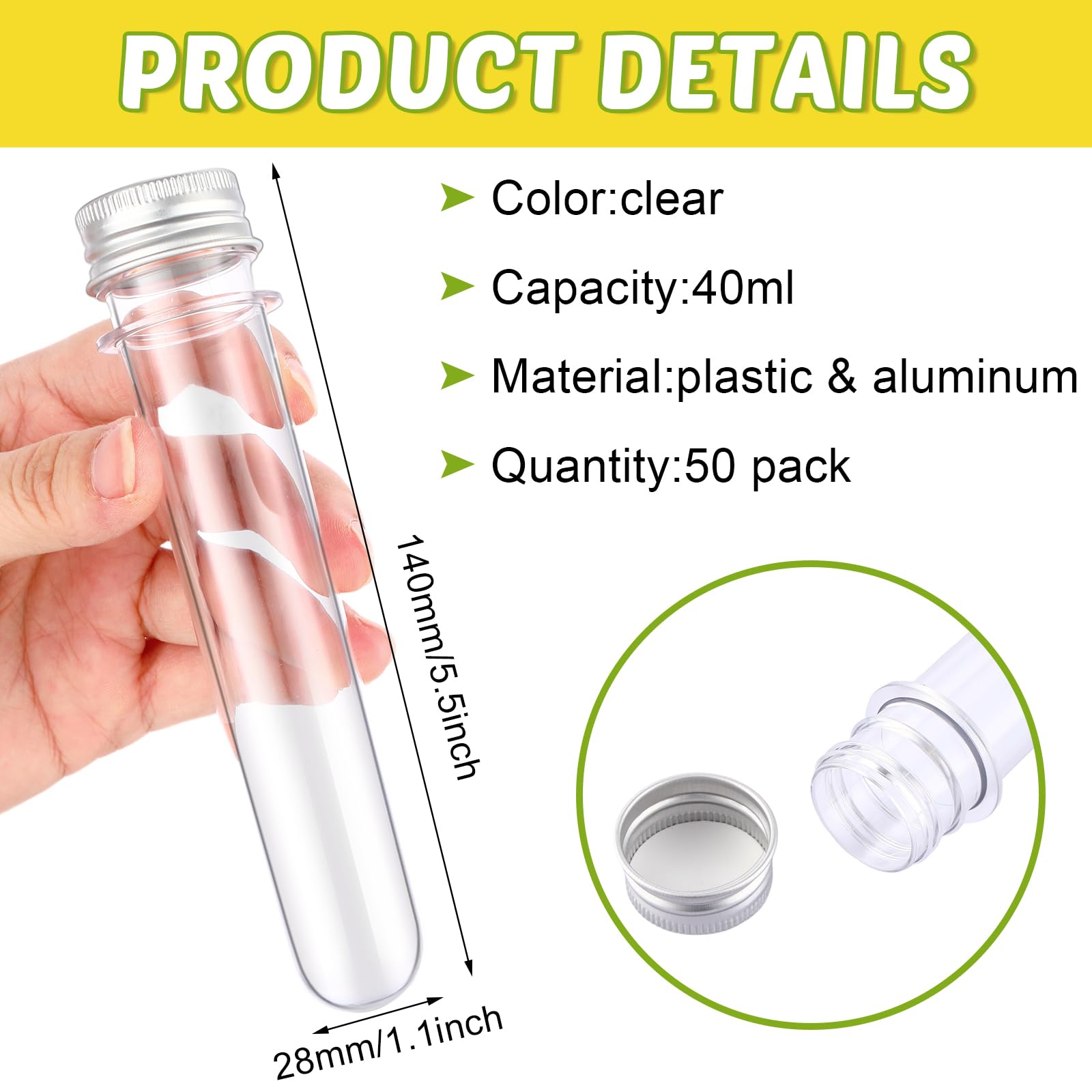 50 Pcs Test Tubes 40 ml Plastic Test Tubes with Screw Lids 1.1 x 5.5 Inch/ 28 x 140 mm Clear Candy Tubes Vials Storage Tubes Container for Sample Powder Seed Bead Gift Science Party (Silver)