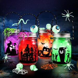 halloween crafts for kids, 4 pcs halloween mason jar with accessories for diy craft, halloween art party favor supplies, halloween decoration trick or treating, classroom halloween art activities