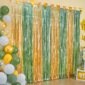 lolstar sage green and gold party decorations 2pack 3.3x6.6ft foil fringe curtains,safari green baby shower decor also perfect for christmas wedding party,princess themed woodland birthday decorations