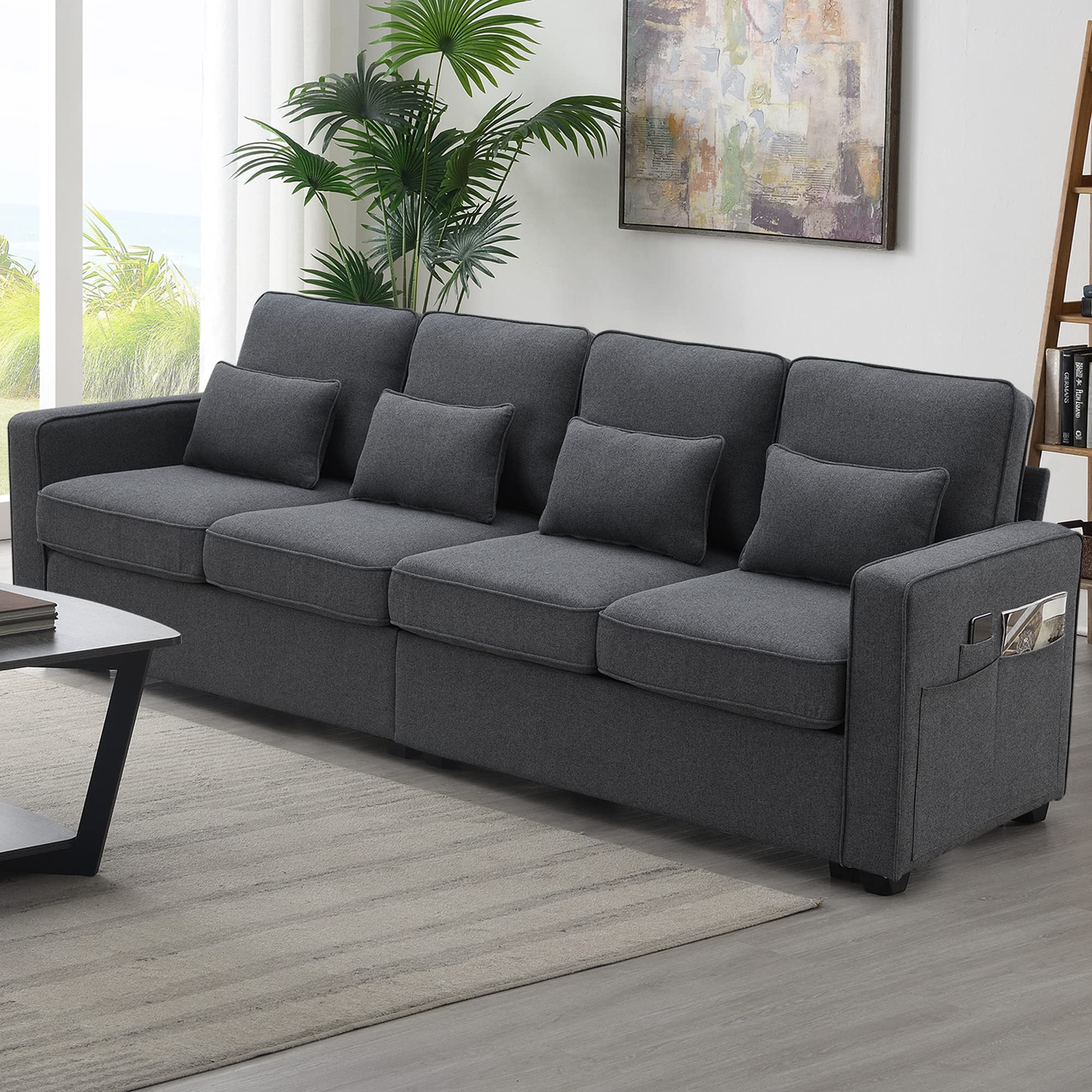 Harper & Bright Designs Upholstered Sofa with Armrest Pockets, 4-Seater Sofa Couch with 4 Pillows,Minimalist Style Couch for Living Room, Apartment, Office(Dark Grey)