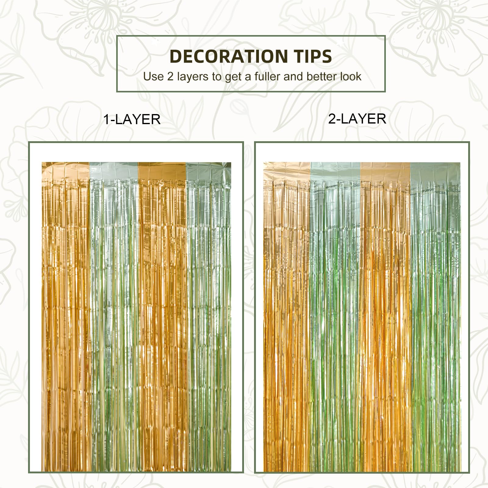 LOLStar Sage Green and Gold Party Decorations 2Pack 3.3X6.6ft Foil Fringe Curtains,Safari Green Baby Shower Decor also Perfect for Christmas Wedding Party,Princess Themed woodland Birthday Decorations