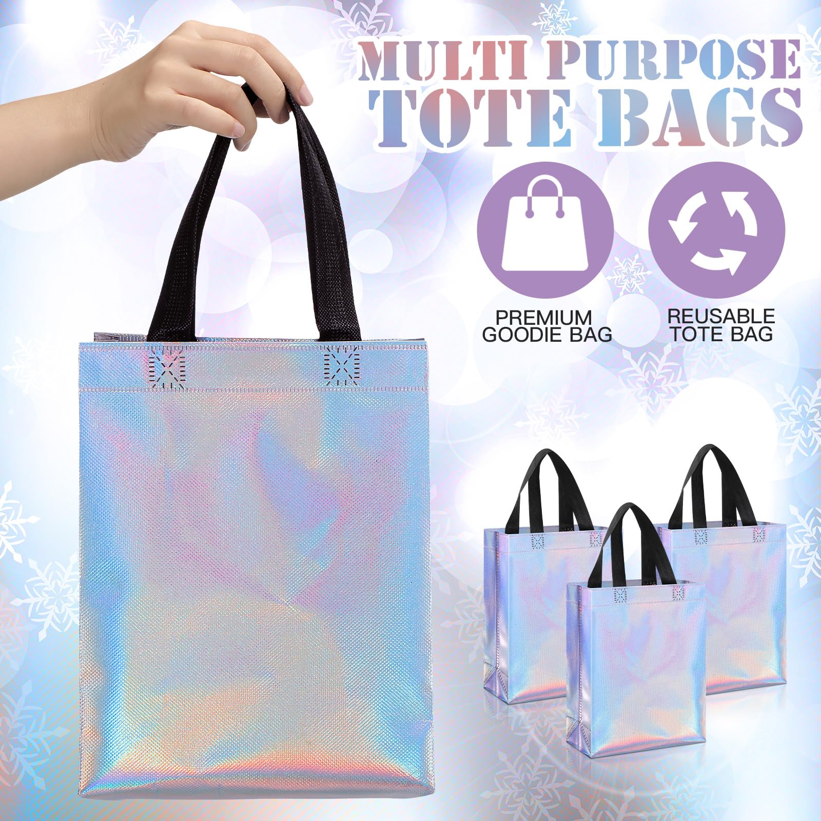 Sadnyy 48 Pack Reusable Gift Bags with Handles Iridescent Gift Bags Bulk Metallic Goodie Bag Tote Bags Wedding(Holographic)