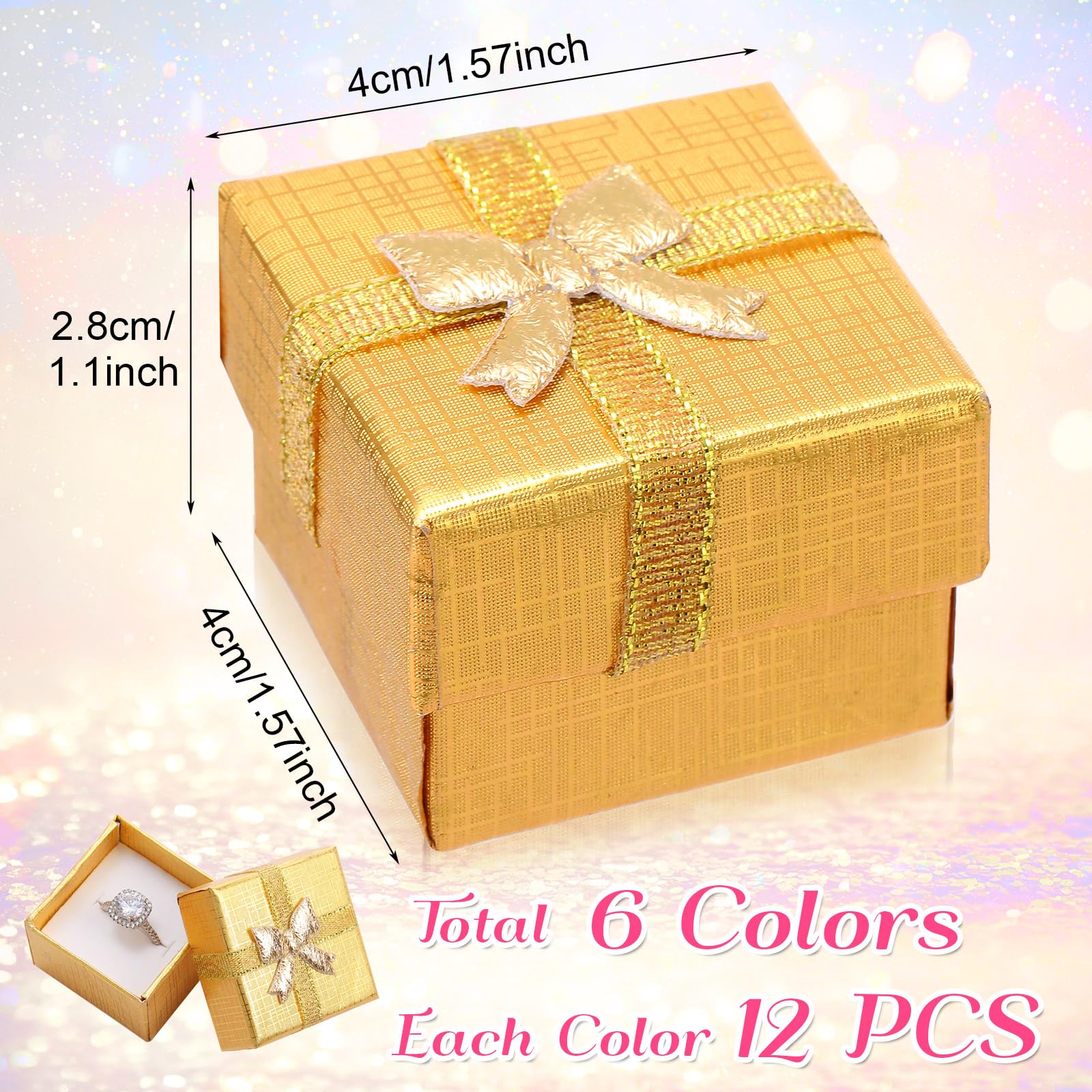 72 Pcs Ring Gift Box 1.6 x 1.6 x 1.1 Inches Hard Cardboard Jewelry Boxes with Ribbon Bow Small Ring Box Gift Cases for Earring Packaging Necklace Bangle Bracelets Weddings (Modern Color)