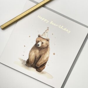 Old English Co. Bear Happy Birthday Card for Her - Fun BearParty Hat Birthday Card for Mum, Dad, Daughter, Son - Gold Foil Birthday Card for Women and Men | Blank Inside with Envelope