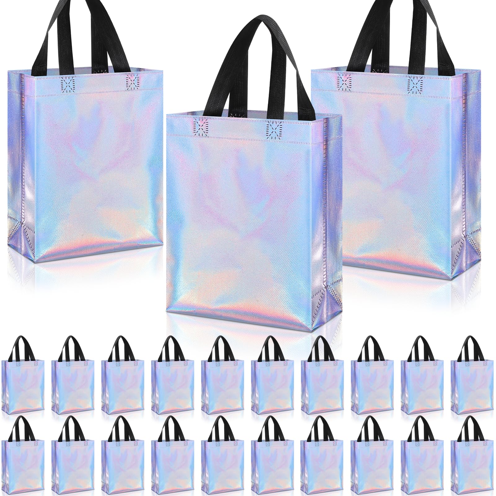 Sadnyy 48 Pack Reusable Gift Bags with Handles Iridescent Gift Bags Bulk Metallic Goodie Bag Tote Bags Wedding(Holographic)