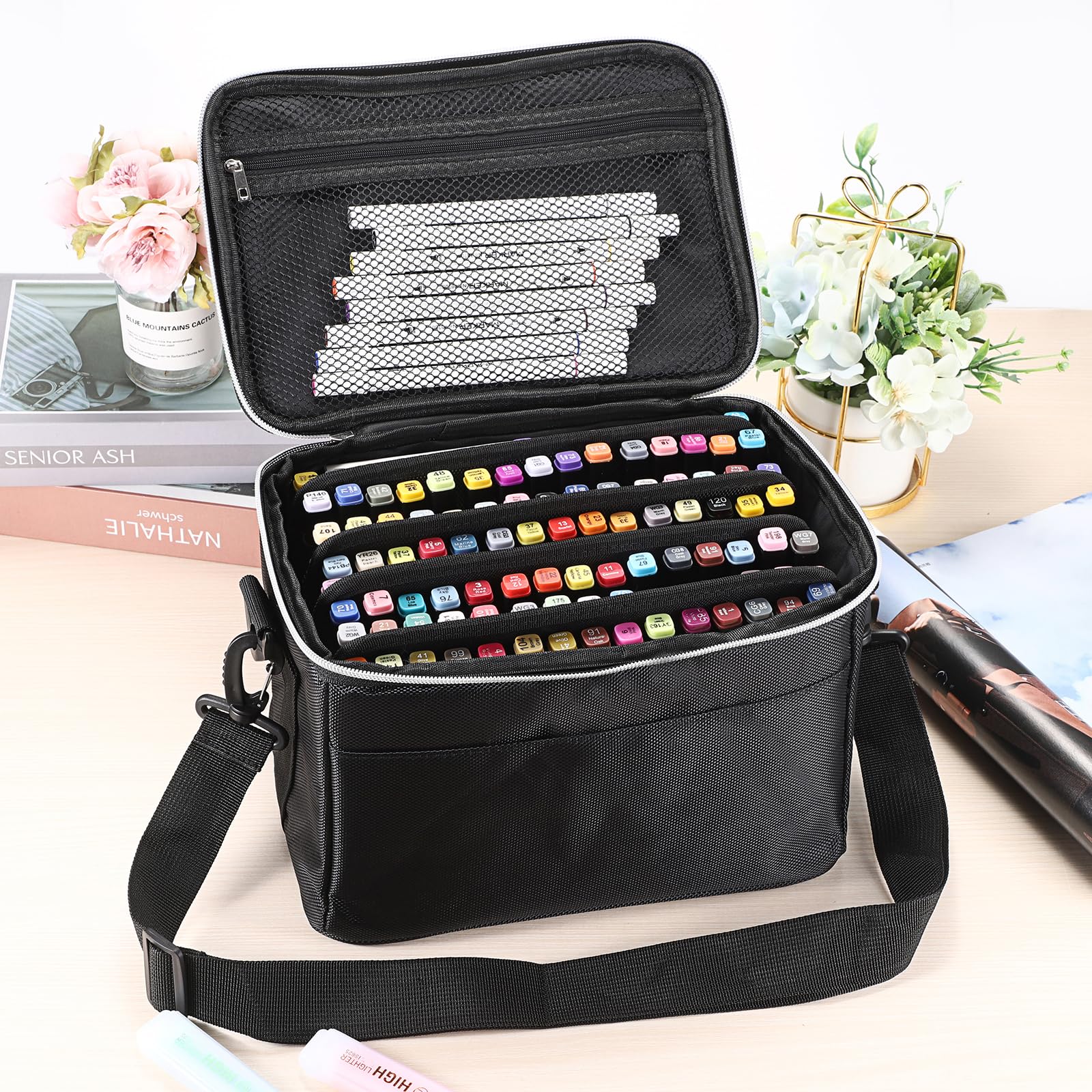 BTSKY Multifunction Marker Storage Organizer Marker Holder for 120 Markers- Zippered Canvas Pen Bag Pencil Bag with Carrying Handle, Adjustable Strap& Removable Sleeves Versatile Art Bag for Supplies