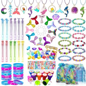 97 pcs mermaid party favors birthday party supplies bubble wands stickers bags necklaces keychains bracelets diving gem stamps decorations toys for kids girls goodie bag fillers summer sea toys prize