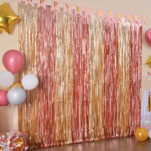 lolstar 2 pack rose gold birthday decorations, 3.3x6.6ft pink and gold foil fringe curtains, tinsel streamers backdrop photo booth props for bridal shower ballerina valentine's party decor