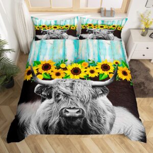 erosebridal highland cow flower bedding set 3 pcs rustic farmstyle comforter cover queen, yellow sunflowers duvet cover black gray cow print bedding western farm wild animal highland cattle bedding